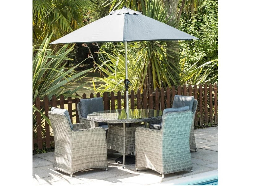 Milan 4 Seater Chair Dining set with Round Table, Parasol & 15kg Base ...
